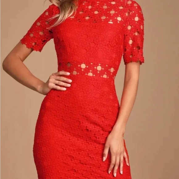 Lulus | Dresses | Nwt Red Lace Bodycon Midi Dress | Poshmark